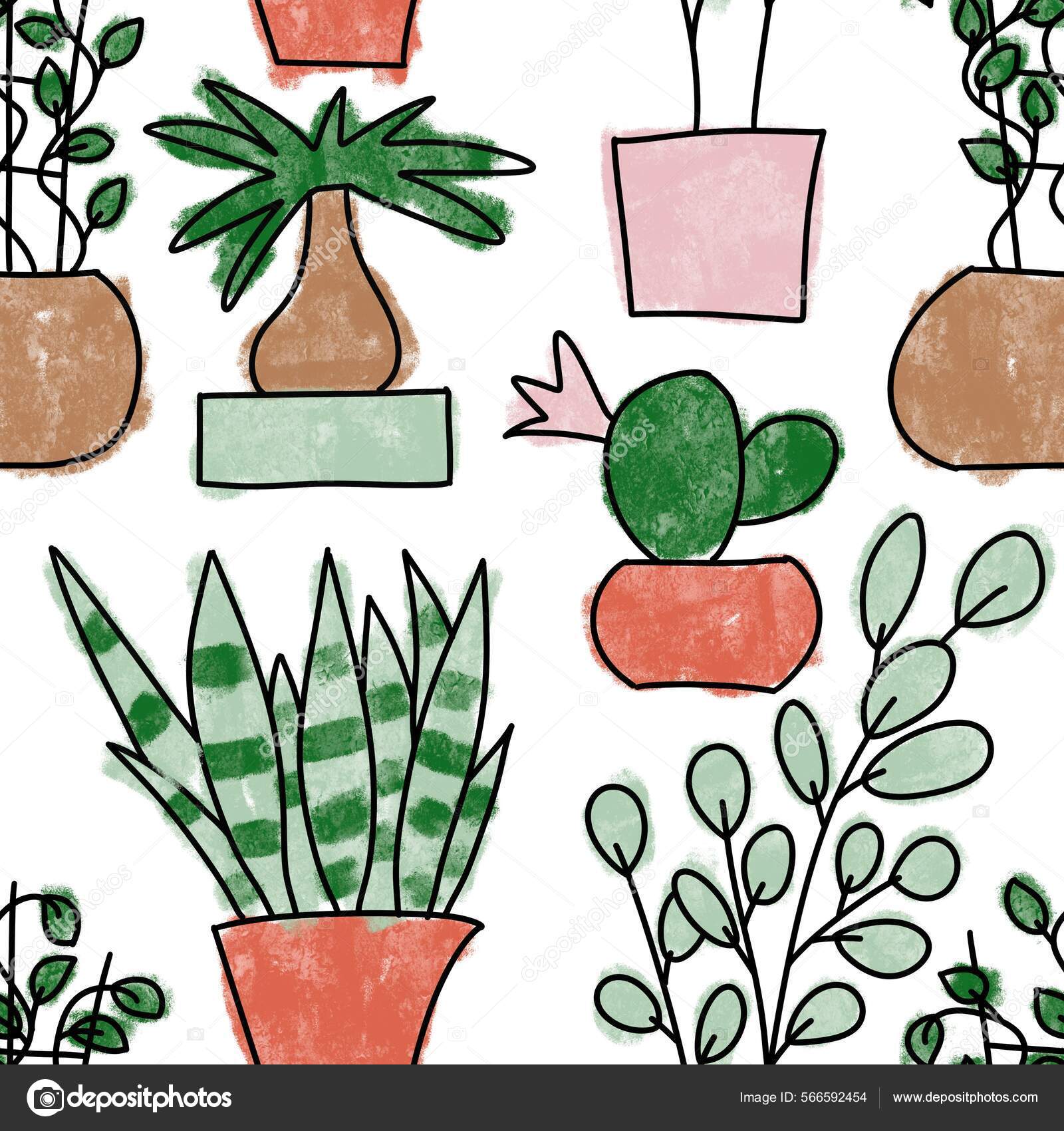 Seamless hand drawn pattern with houseplants, indoor plants flowers in ...