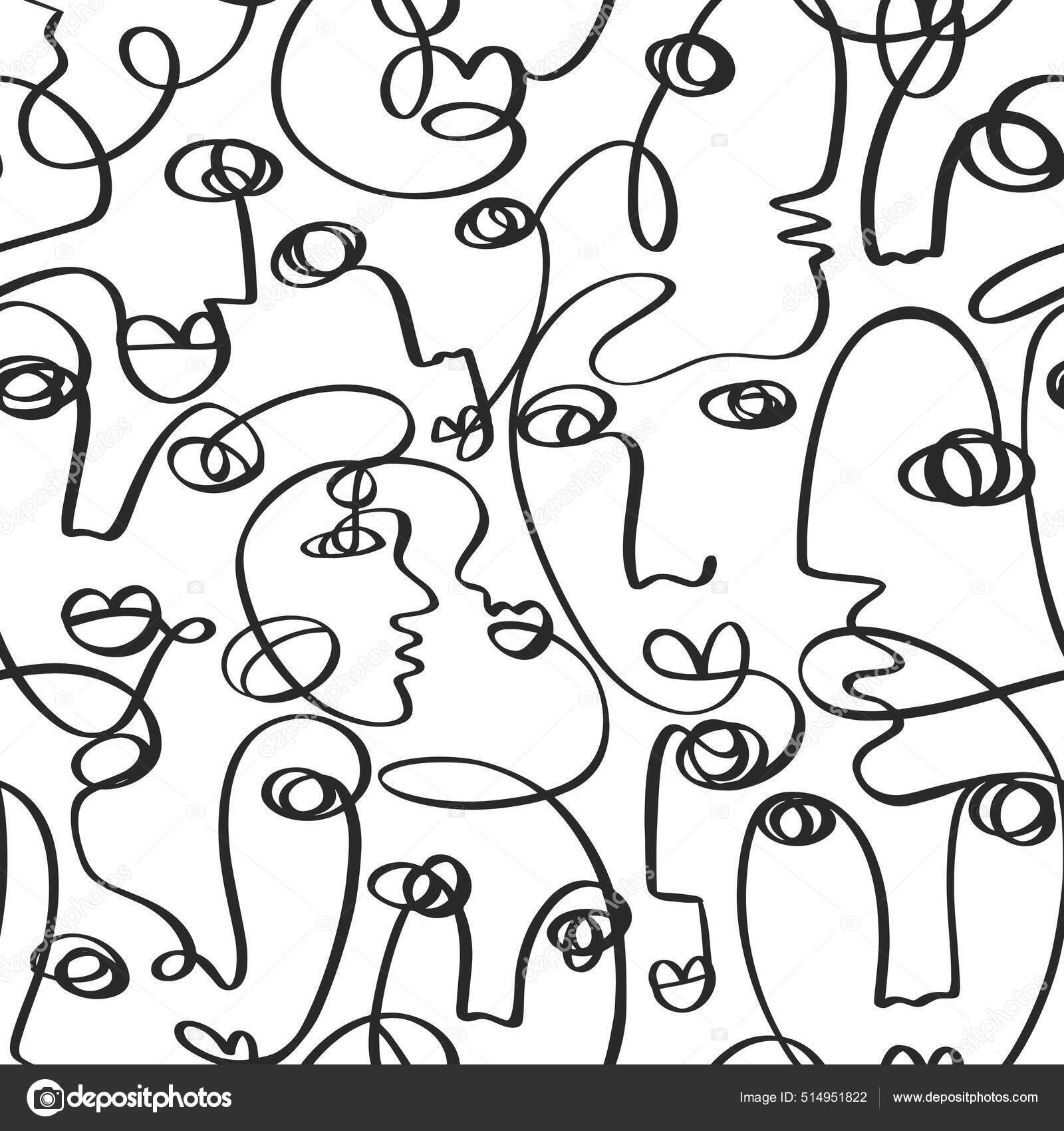 One Line Drawing Abstract Face Seamless Pattern Modern Minimalism Art