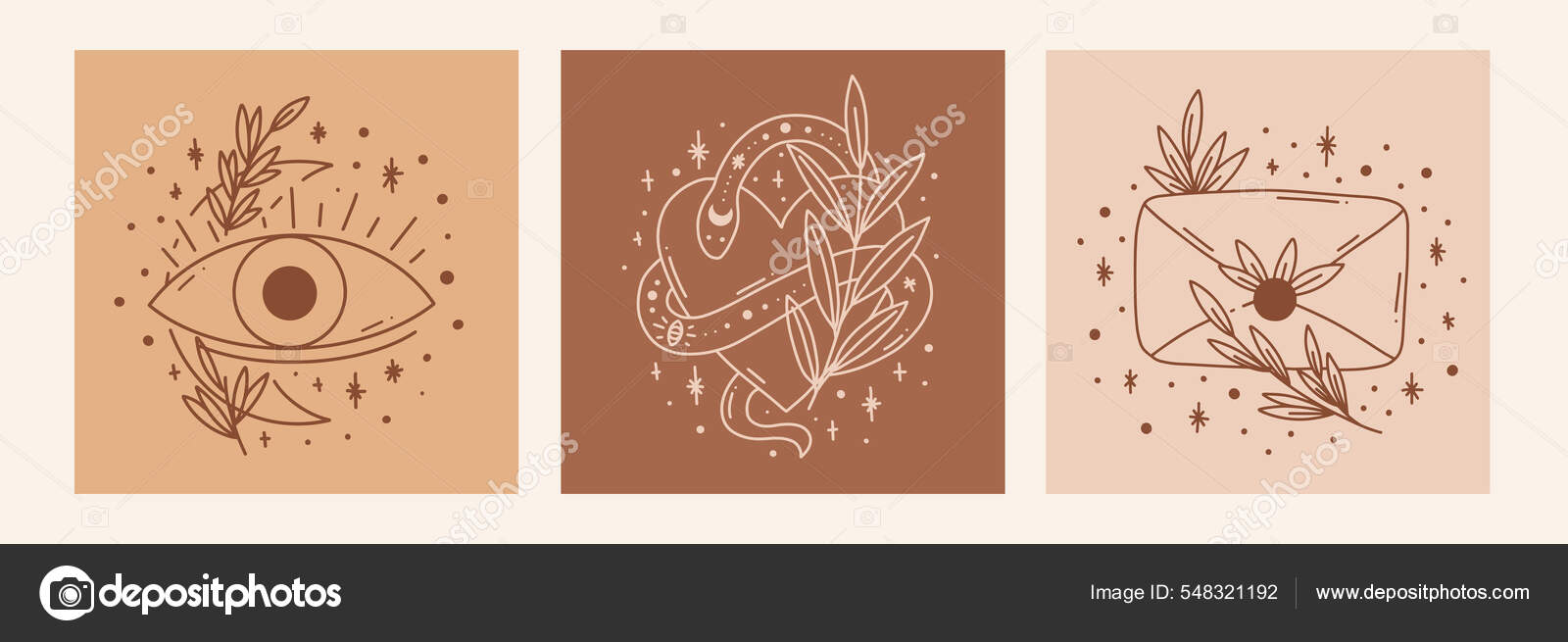 Boho Mystic Doodle Esoteric Set Magic Line Art Poster Moon Stock Vector ...