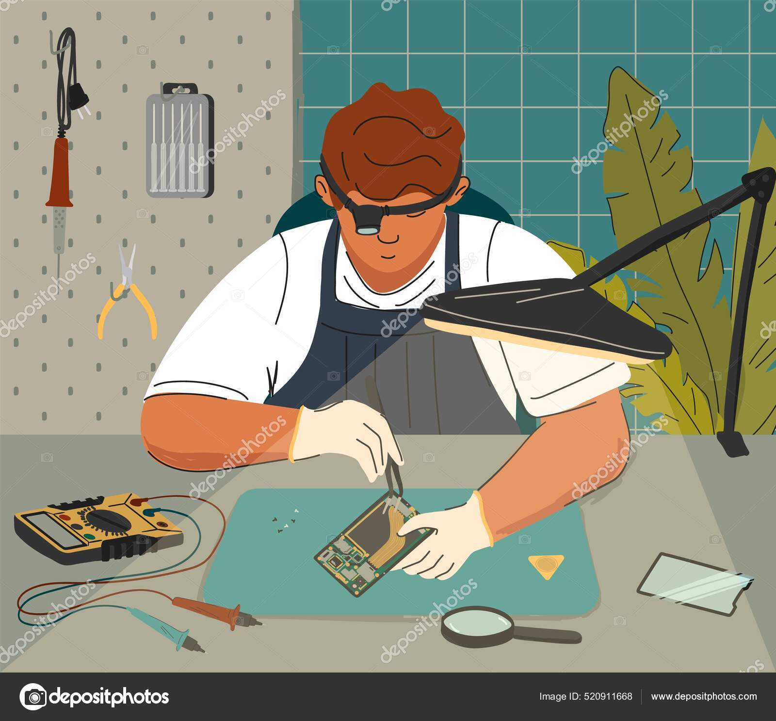 Mobile phone repair concept vector illustration. Man fix broken mobile ...