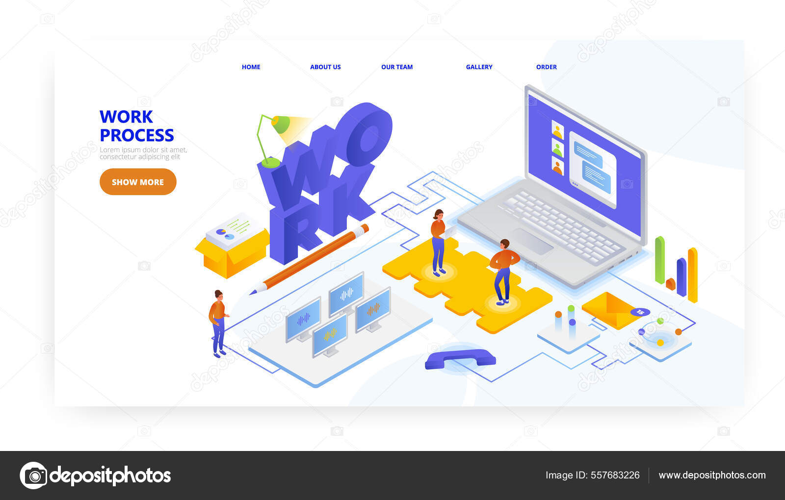 Work process, landing page design, website banner vector template ...