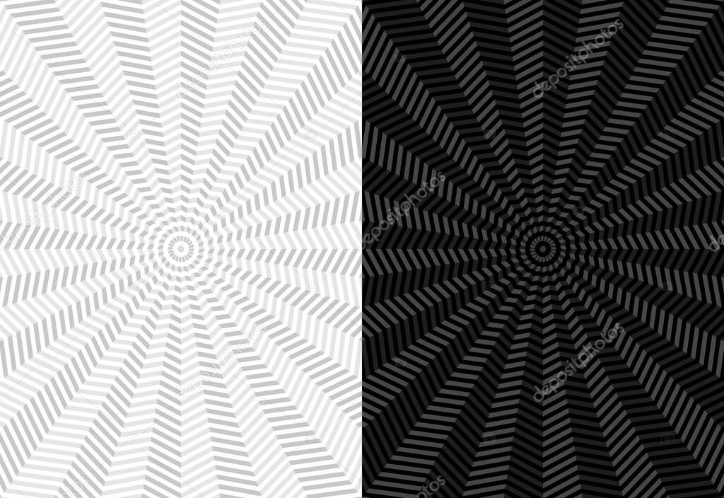 Patrón de fondo abstracto, blanco, gris, negro. Una ilusión radial ...