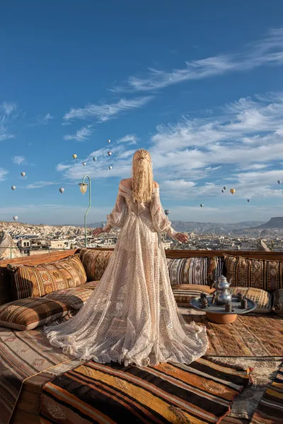 Beautiful Blonde Girl Traditional Leather Clothes Riding White Horse ...