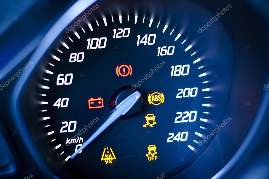 Fragment of instrument panel of car speedometer, tachometer with ...