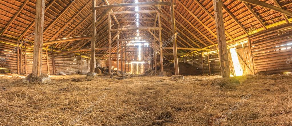 Panorama interior of old farm barn with straw — Stock Photo ...