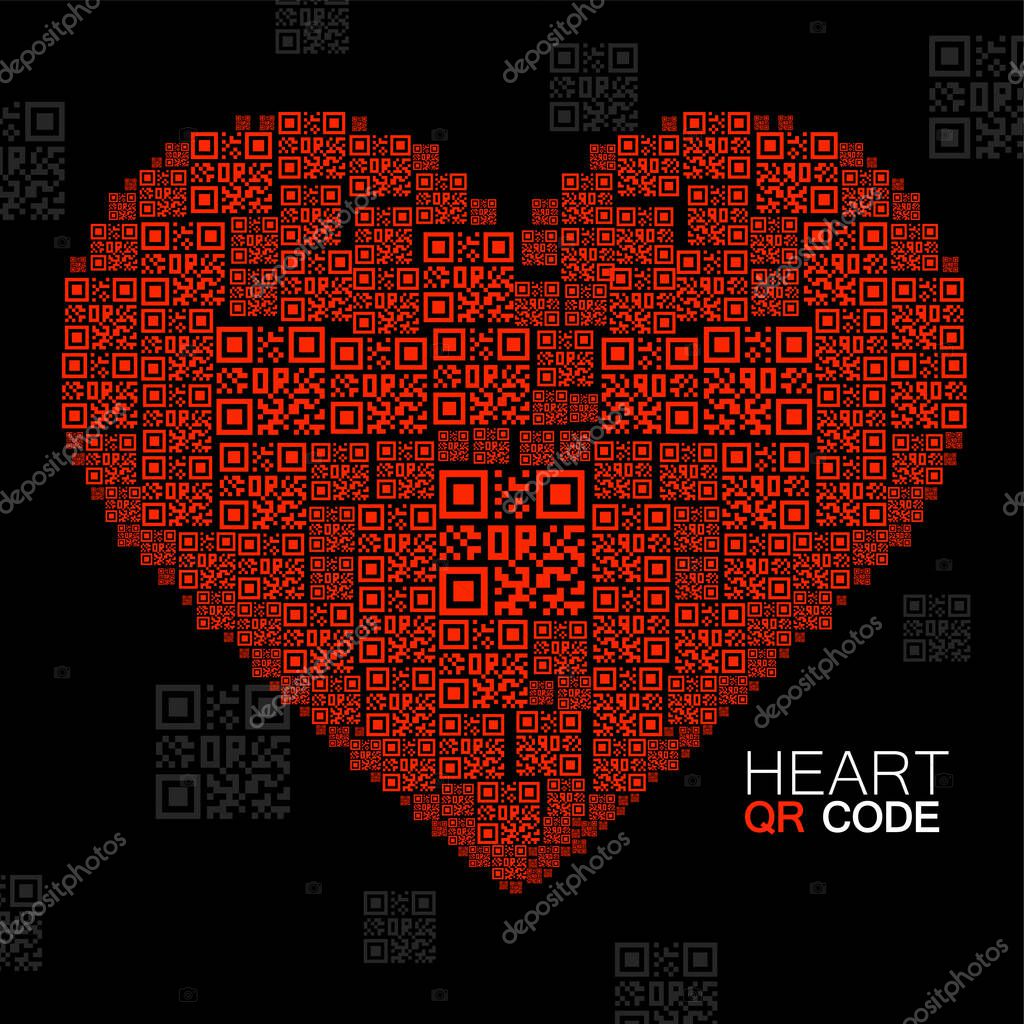 Código QR corazón. Corazón de silueta con código qr. Concepto tecnológico. Ilustración vectorial ...