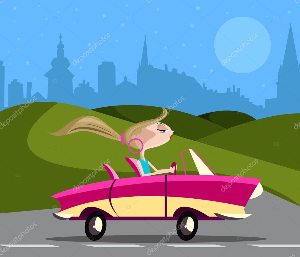 Cartoon Woman Driving On Road