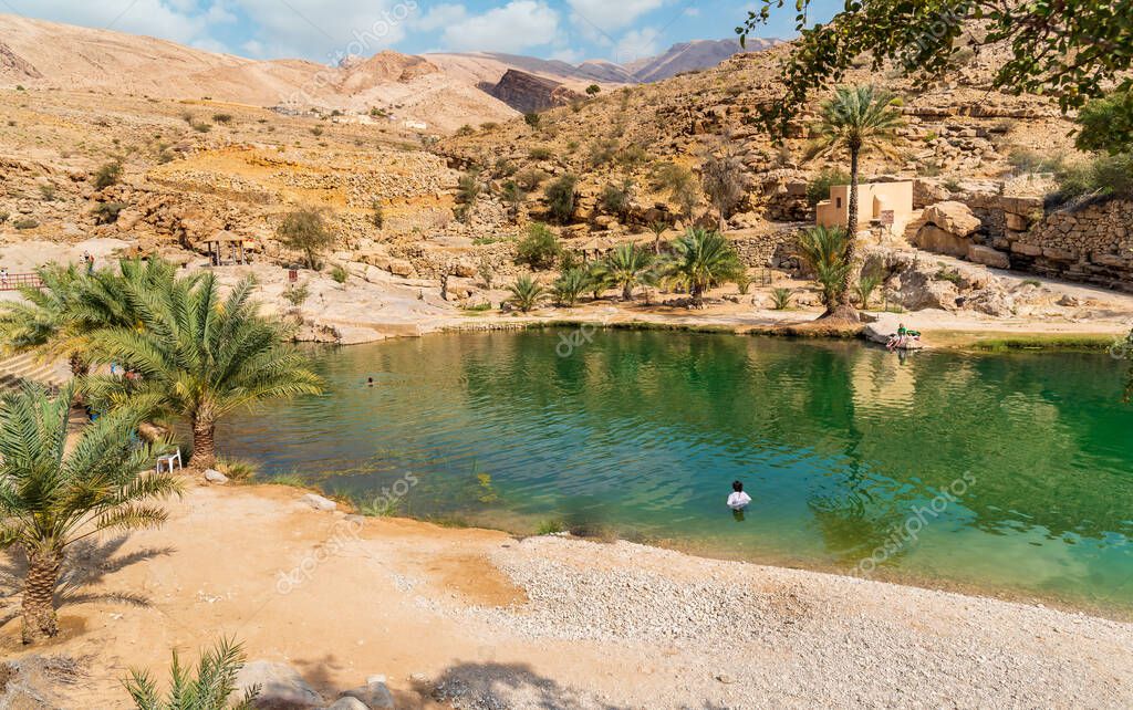 View of the Wadi Bani Khalid oasis in the desert in Sultanate of Oman. 2022