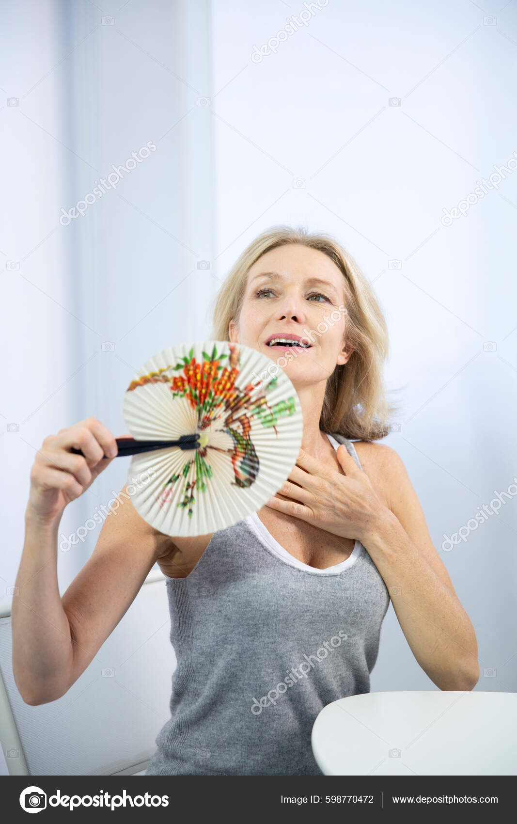 Woman Fanning Herself Relieve Symptoms Hot Flush — Stock Photo ...