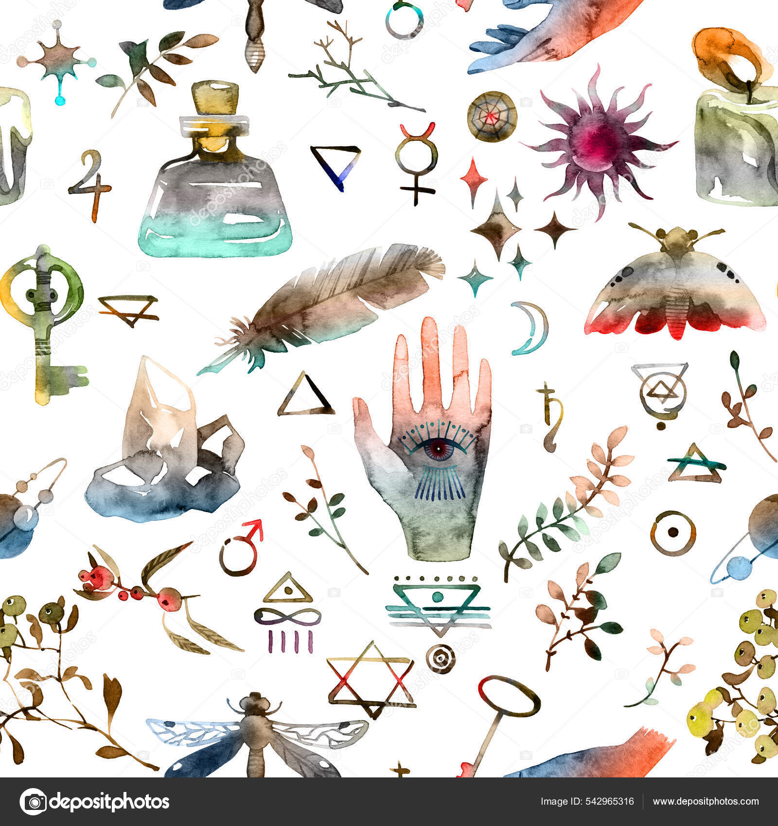 Watercolor Illustration Alchemy Objects Signs White Background Seamless ...