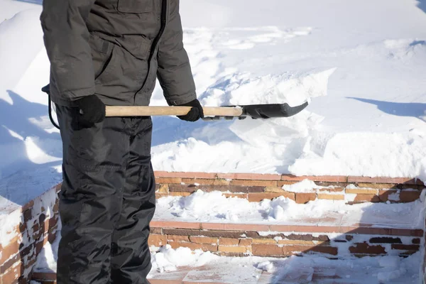 Snow clearing, shovel in hand and snow removal on the steps of the ...