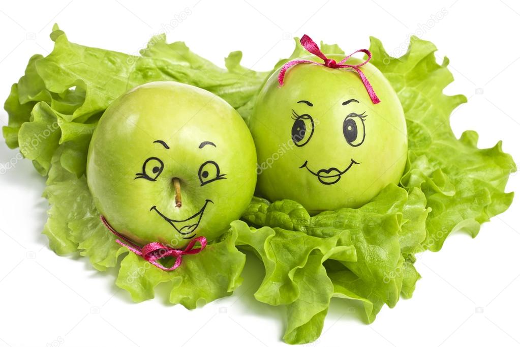 Apples with comically painted faces on a white background — Stock Photo ...
