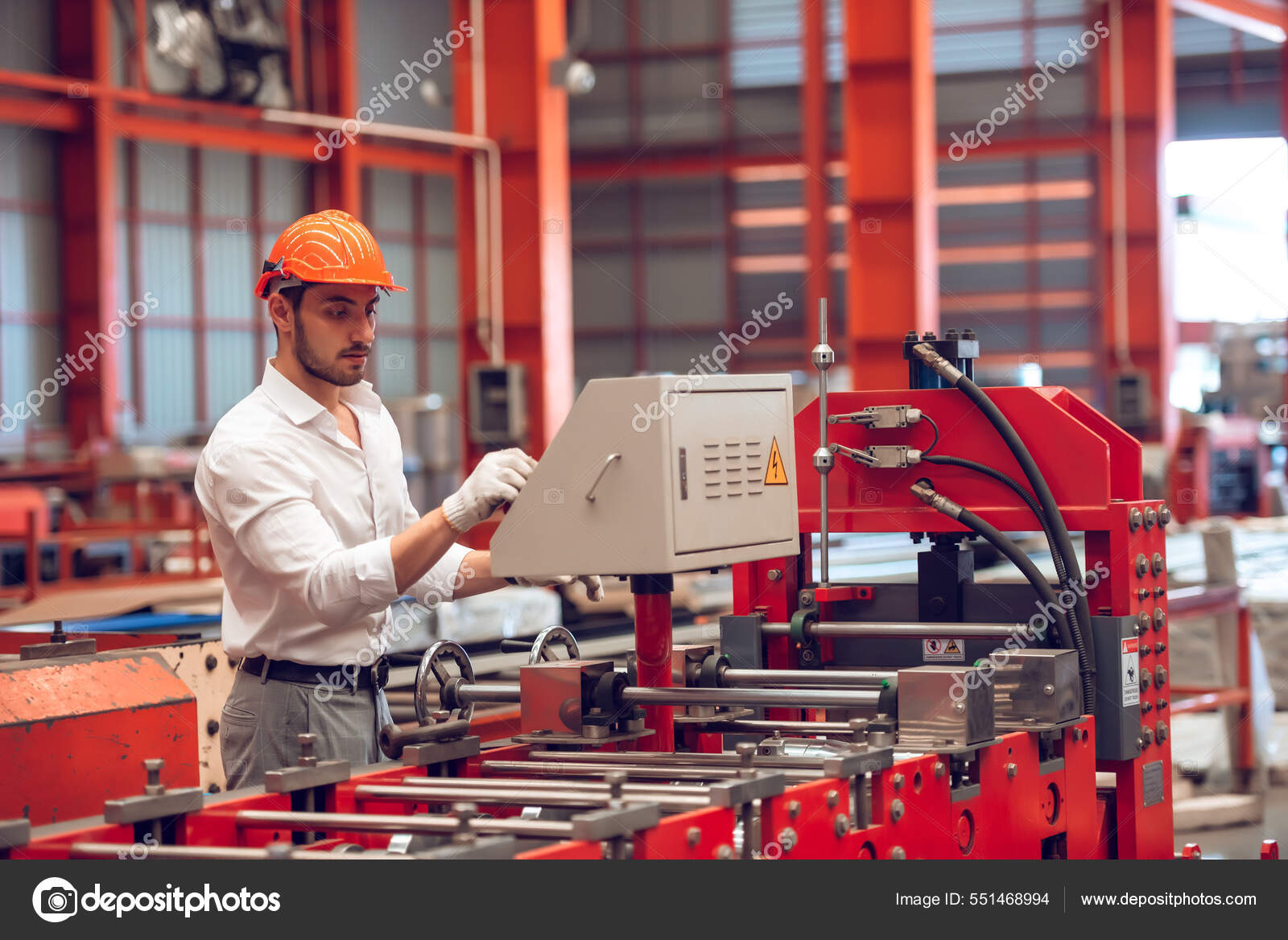 Factory Worker Checking Electrical Machine Process Industrial Worksite ...