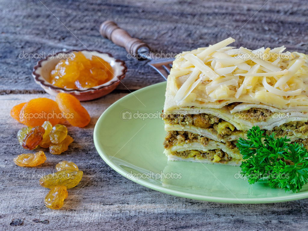 South African bobotie dish layered with pancakes Stock Photo by ...