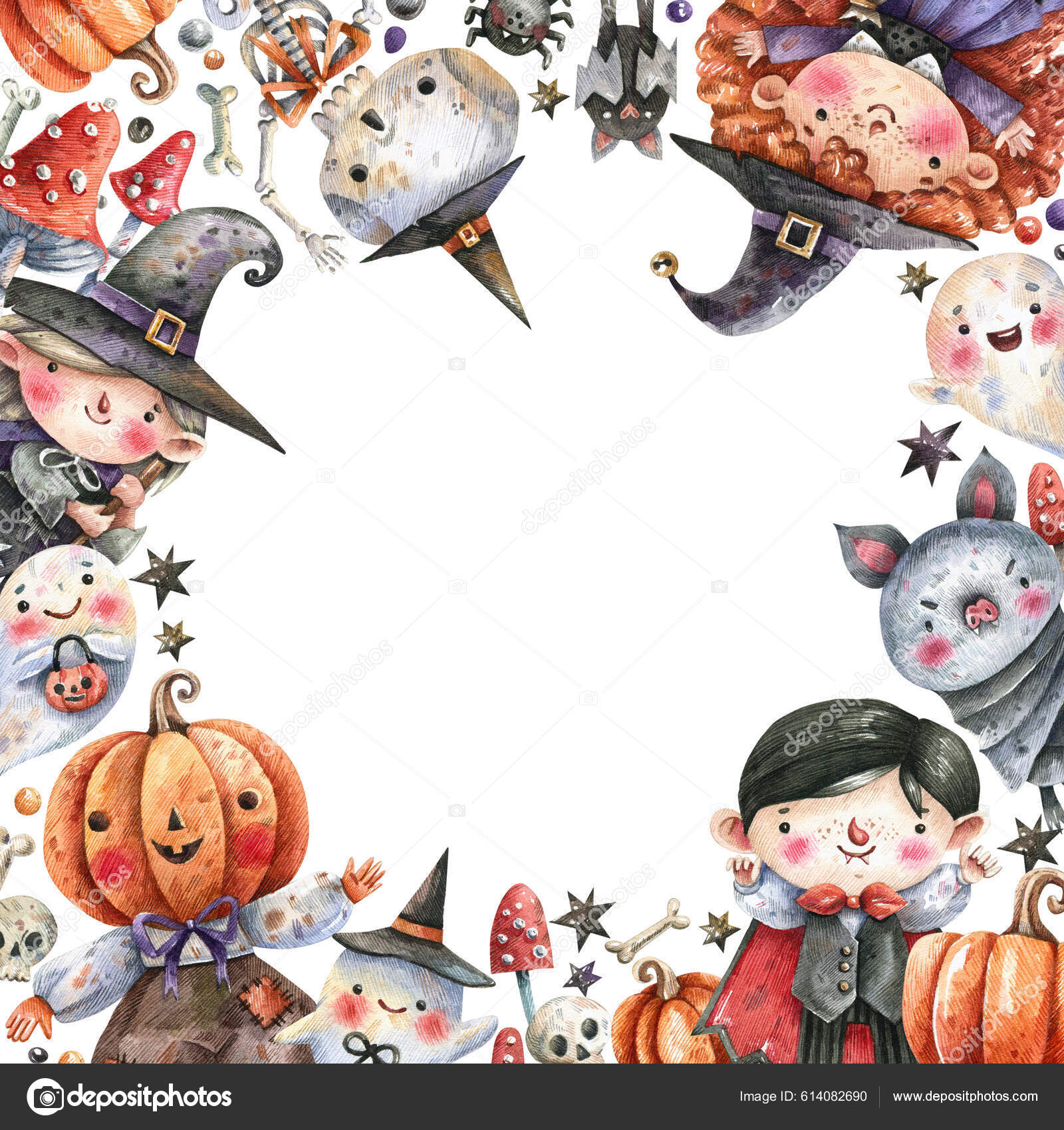 Halloween Characters Square Frame Cartoon Style Witches Skeleton ...