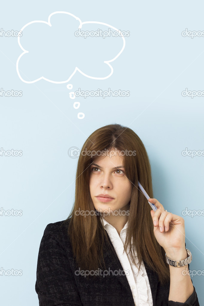 Beautiful business woman thinking seriously with thinking cloud above ...