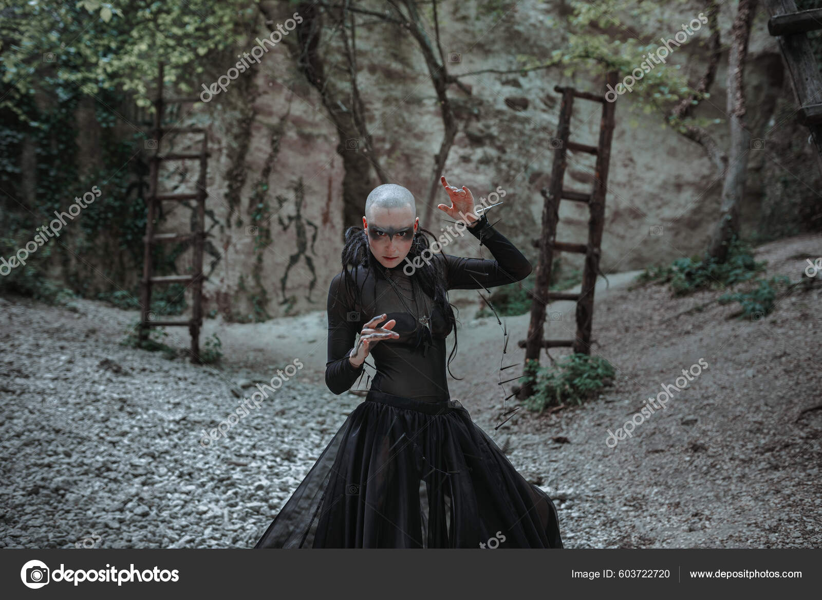 Mysterious Ghost Bald Woman Black Long Dress Gothic Pagan Lady — Stock ...