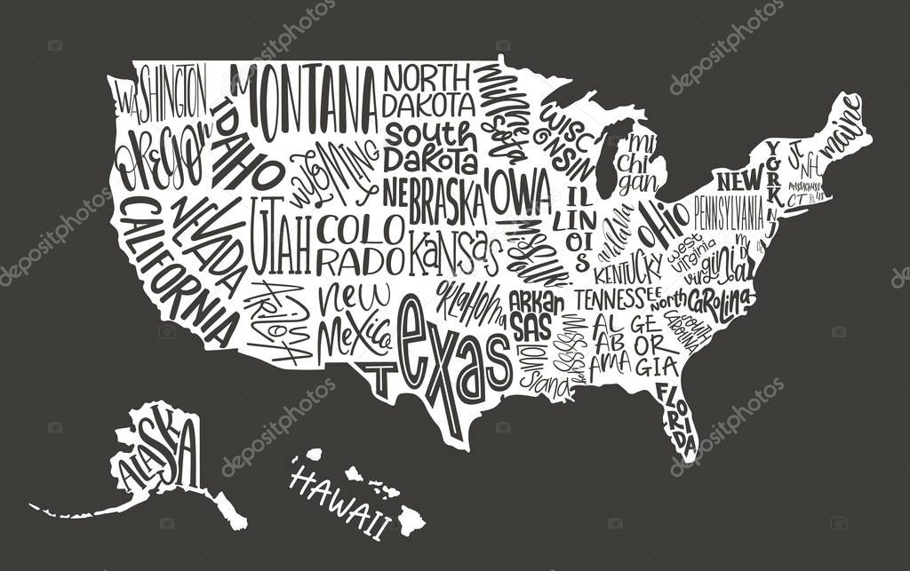 USA MAP. United States of America with script text state names. Flat ...
