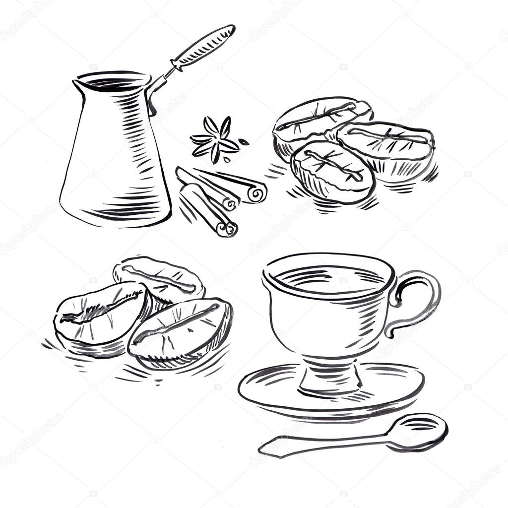 Illustration of Hand drawn illustration of Coffee beans, coffee cup and ...
