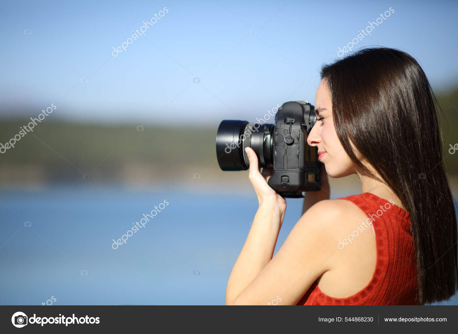Side View Portrait Woman Taking Photos Dslr Camera Lake — Stock Photo ...