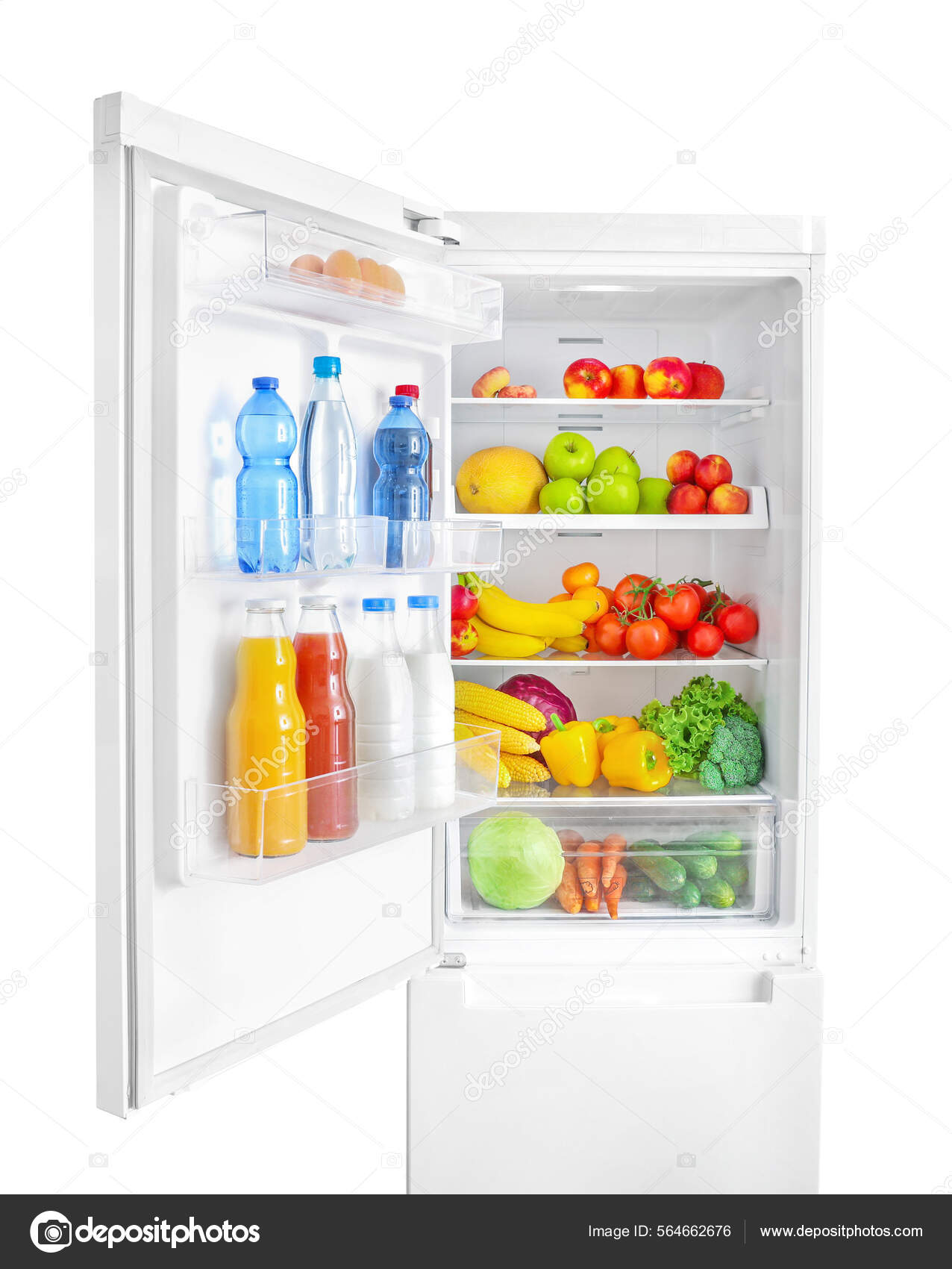 Open Fridge Full Vegetables Fruits Drinks Isolated White Wall ...