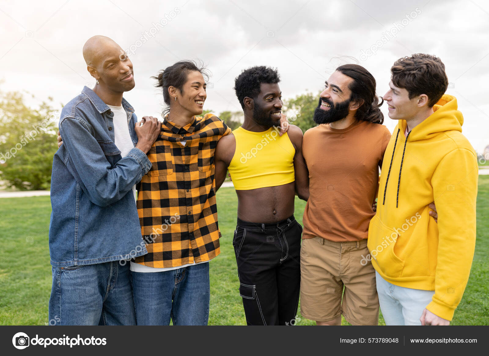 Group Diverse Gay Men Hugging Each Other City Park Transgender — Stock ...