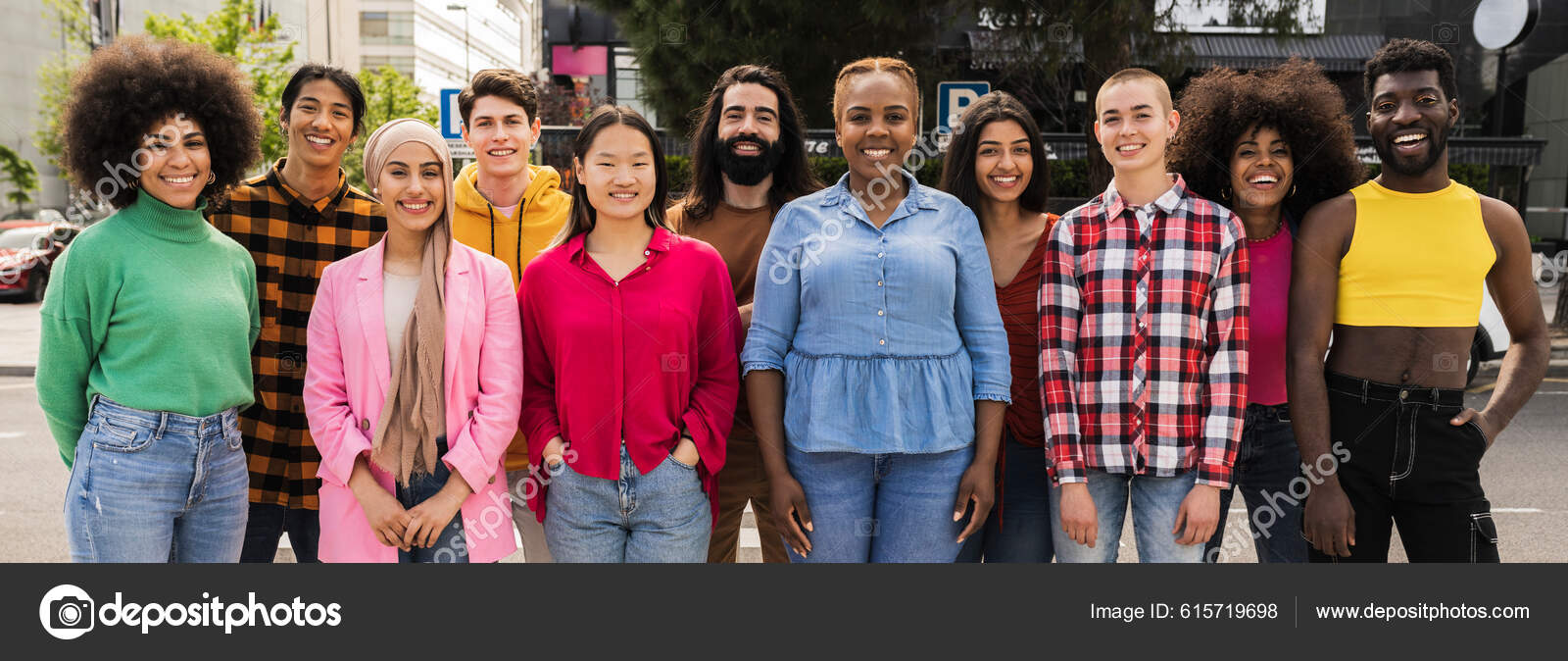 Carefree Large Group Multiracial Young Adult Standing Outdoors Posing ...