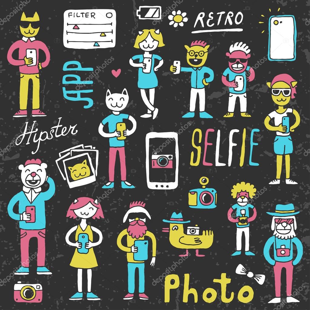 Hipster doodles selfie set Stock Vector by ©Sashatigar 51060313