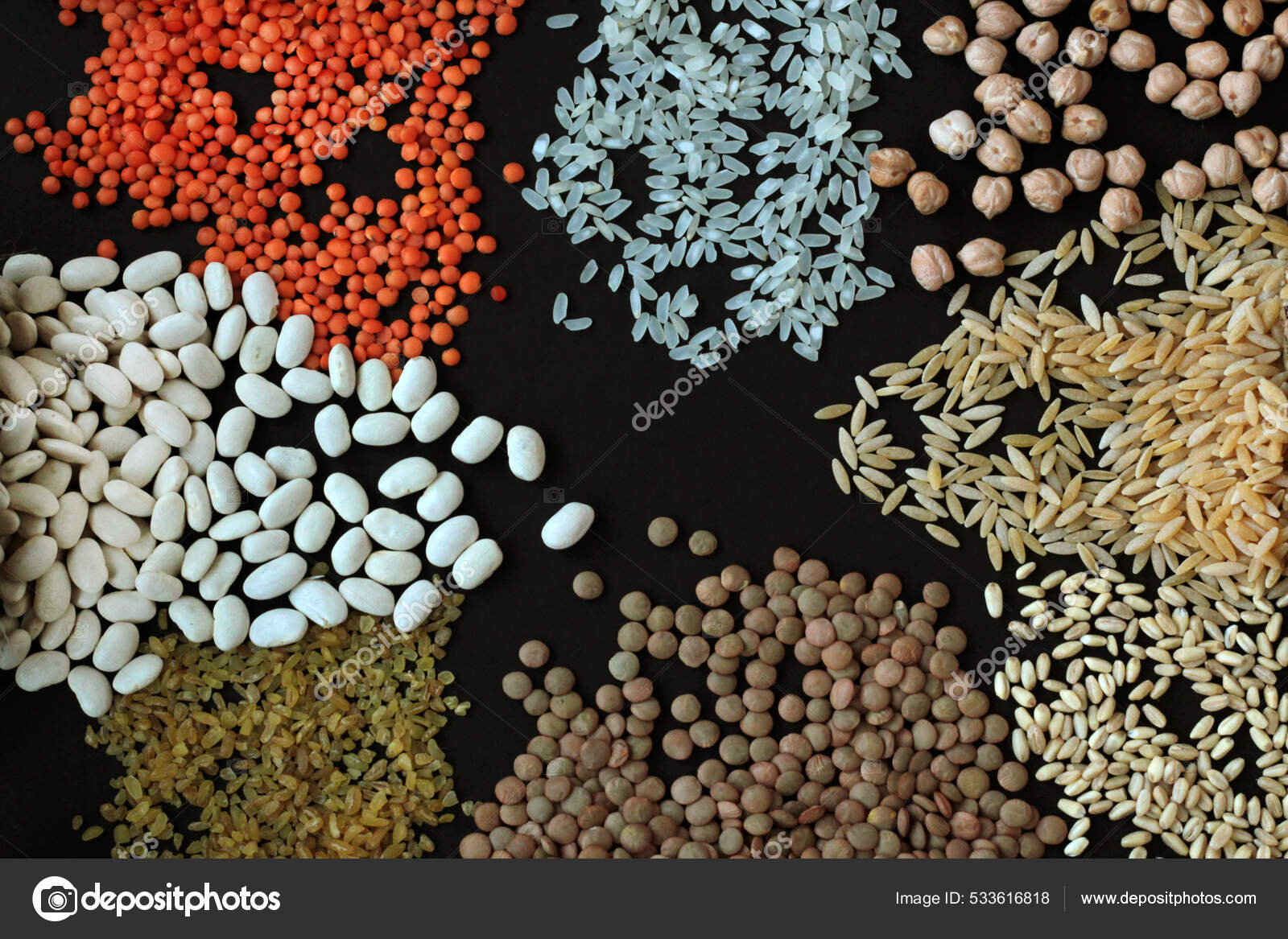 Red Green Lentils Beans Rice Wheat Chickpeas Designed Black Surface ...
