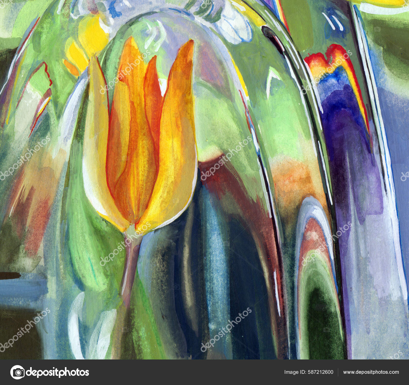 Composition Flower Tulip Glass Background Illustration Made Watercolor ...