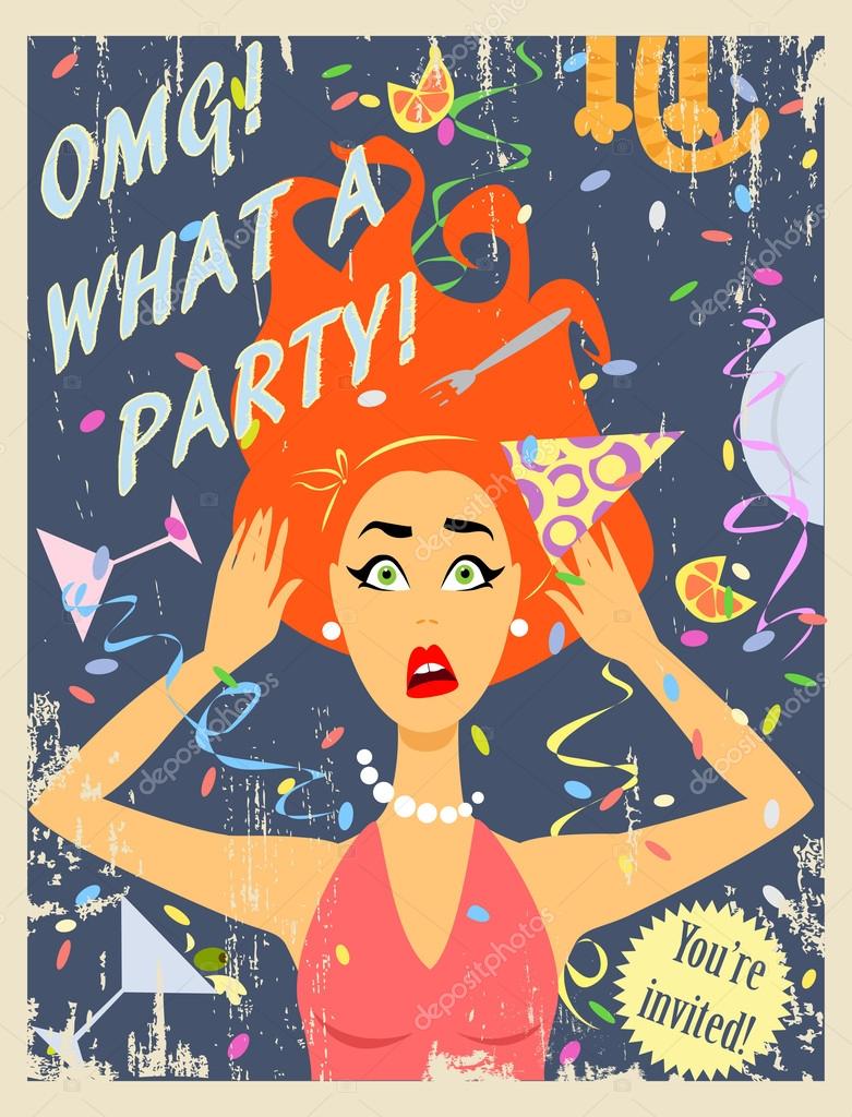 Party invitation design with crazy red hair girl — Stock Vector ...