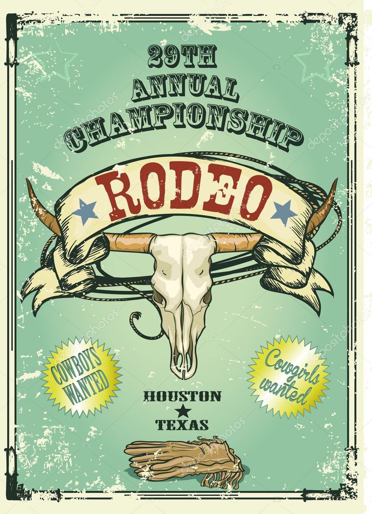 Cartaz estilo Retro Campeonato de Rodeio com crânio longhorn imagem ...