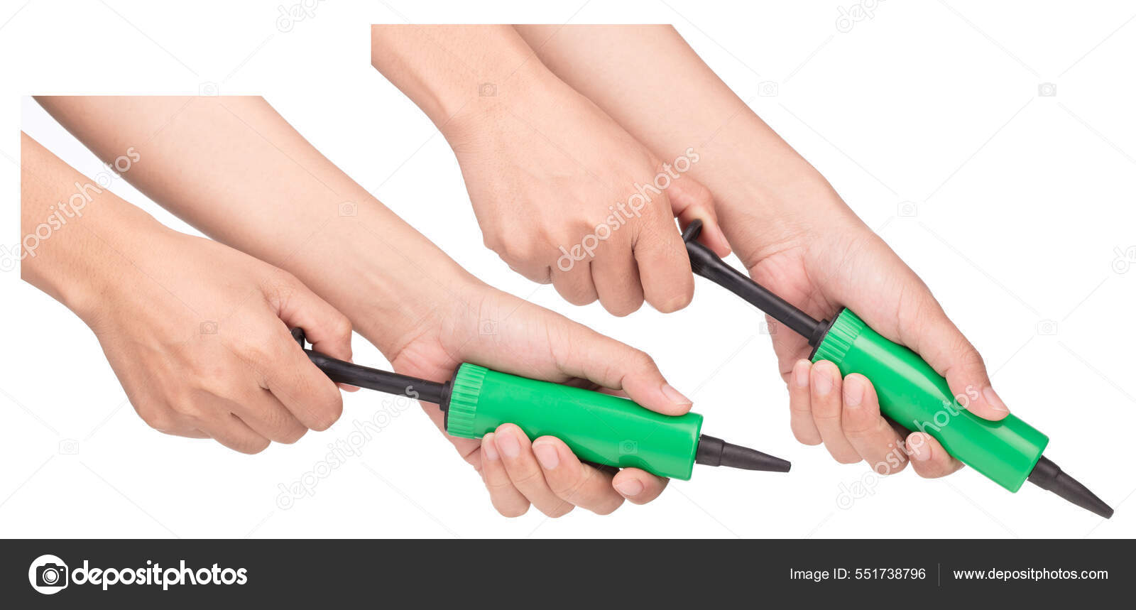 Set Hand Holding Plastic Air Pump Isolated White Background — Stock ...