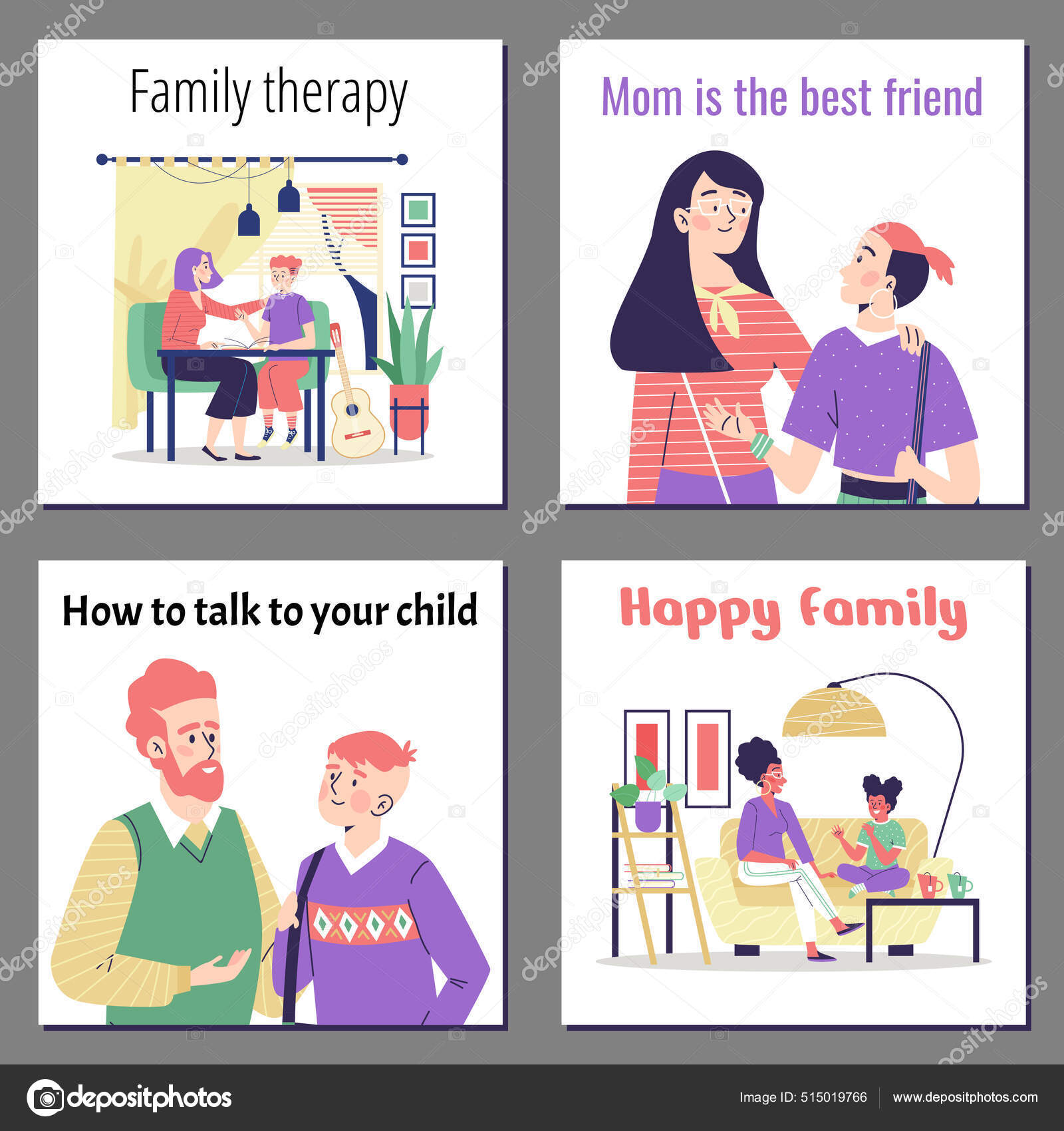 A set vector posters with happy parents talking with children. Stock ...