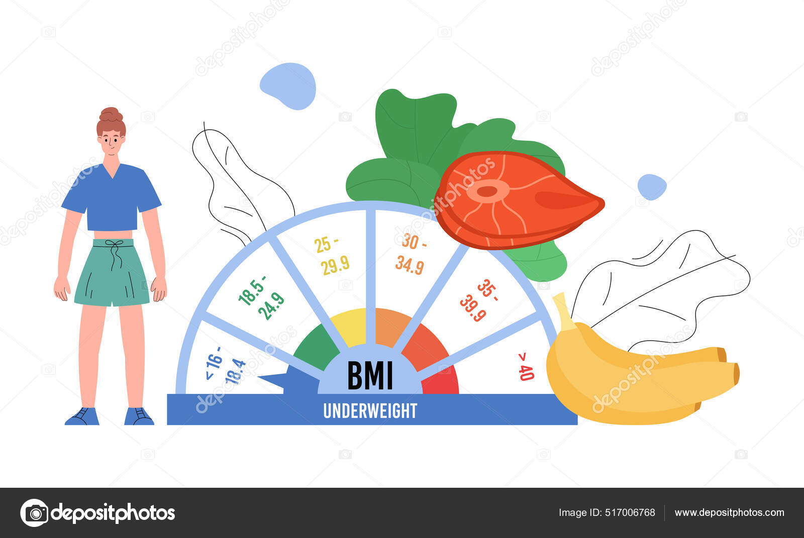 Underweight woman standing next to weights in flat vector illustration ...