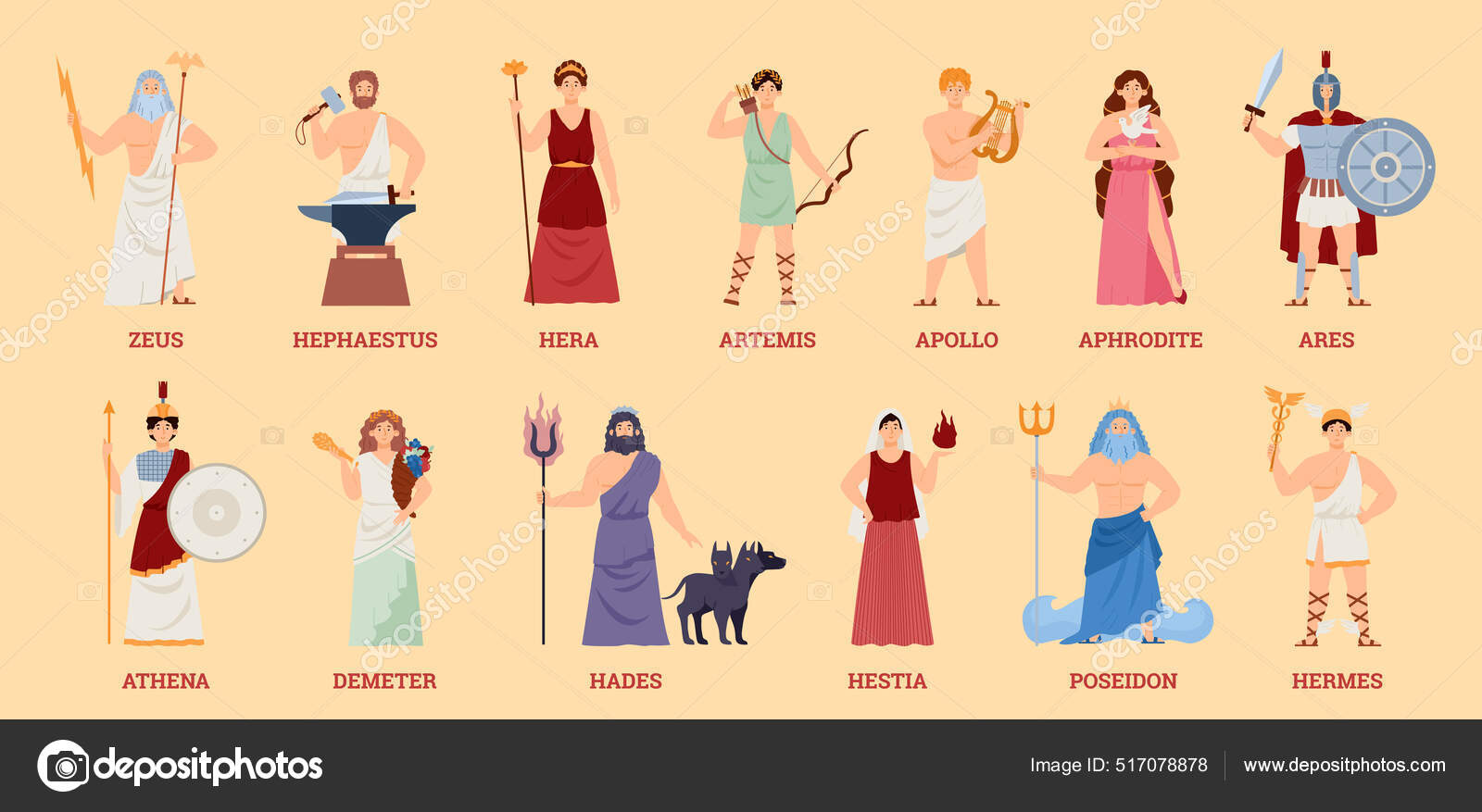 Olympian greek gods and goddesses cartoon characters set, flat vector illustration isolated on ...