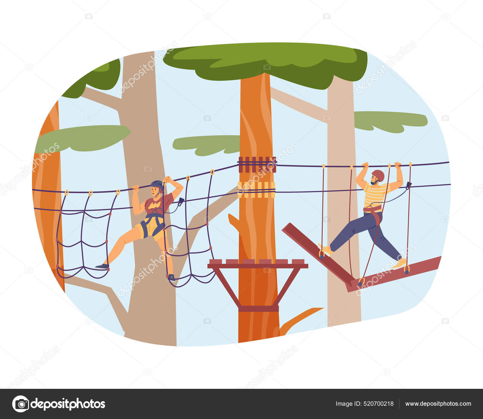 Man and woman explore rope park in woods, flat vector illustration ...