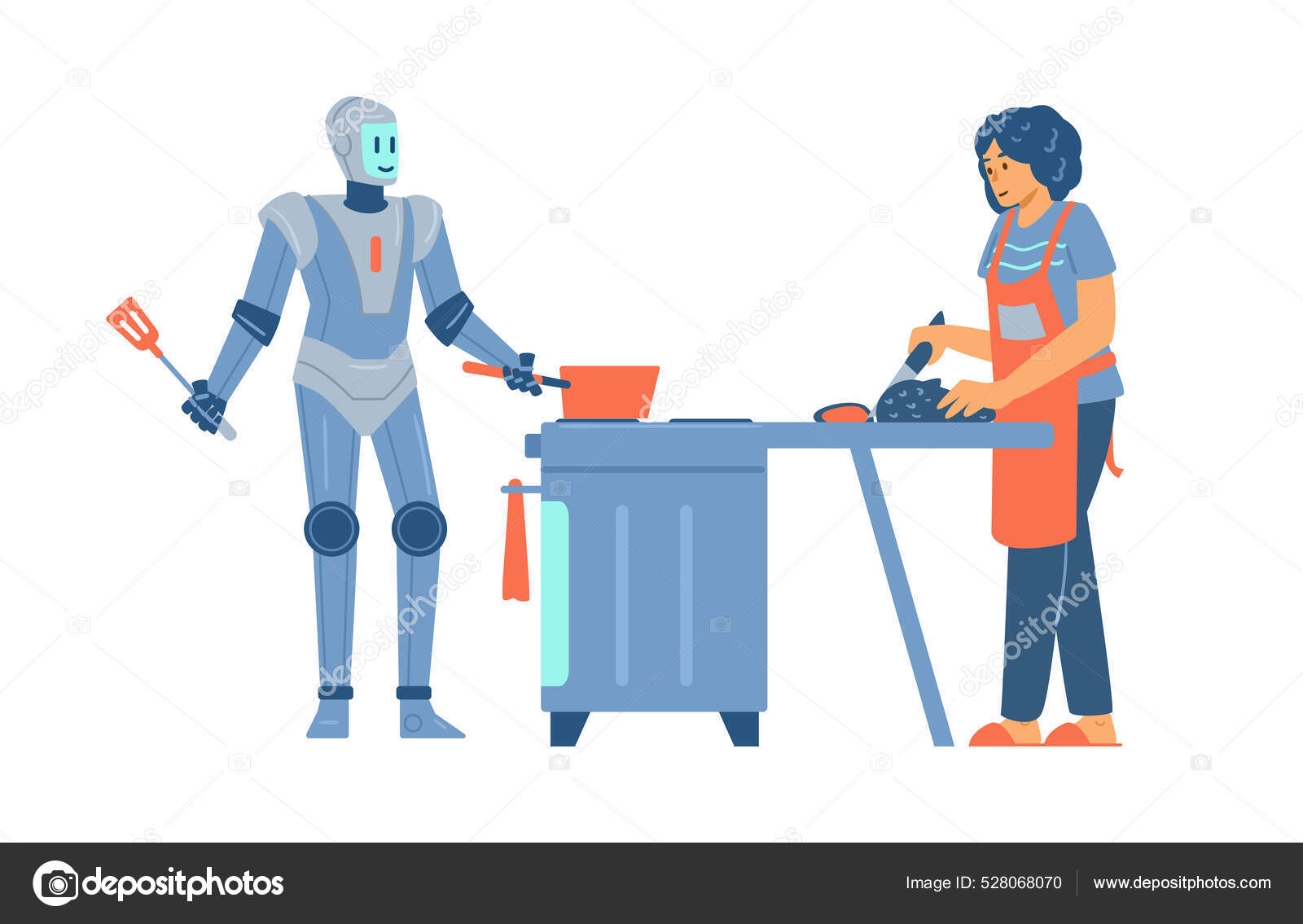 Futuristic chef robot holds pan and helps woman to cook, flat vector ...