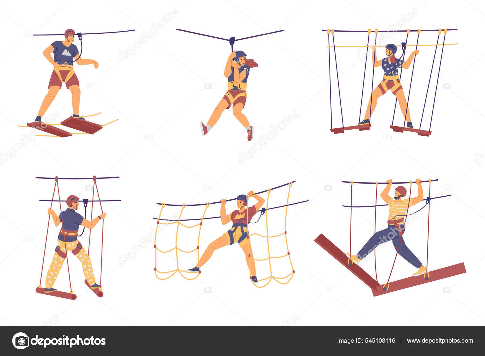 People are walking in rope park. Set of colored cartoon flat people in ...