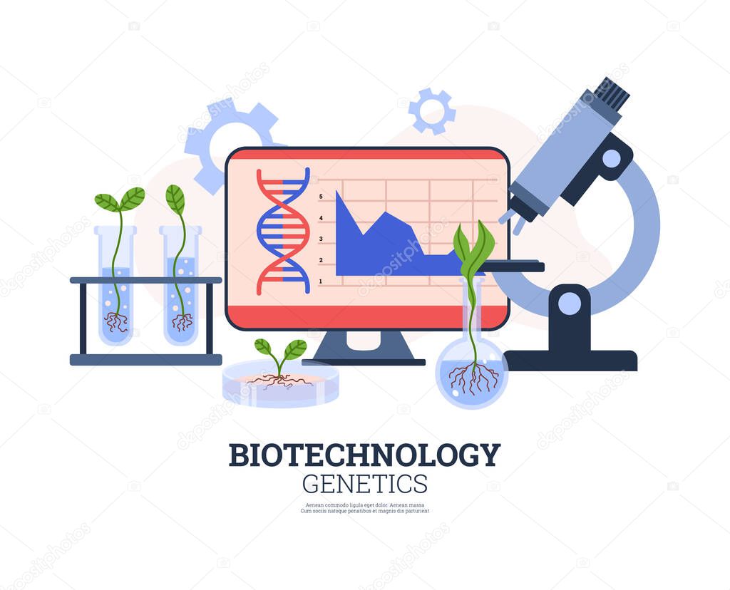 Biotechnology and genetic laboratory banner or poster template, flat ...