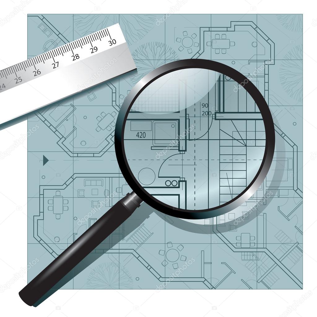 Magnifying glass on the architectural project Stock Vector Image by ...