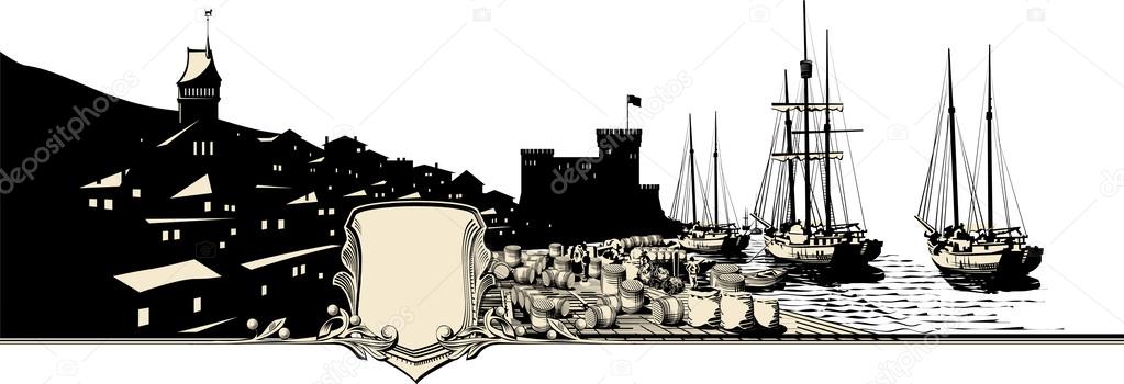Ancient trading port — Stock Vector © TonTonic #43888883