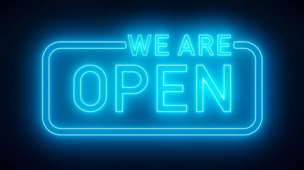 Illustation of glowing neon sign with message, we are open in blue ...