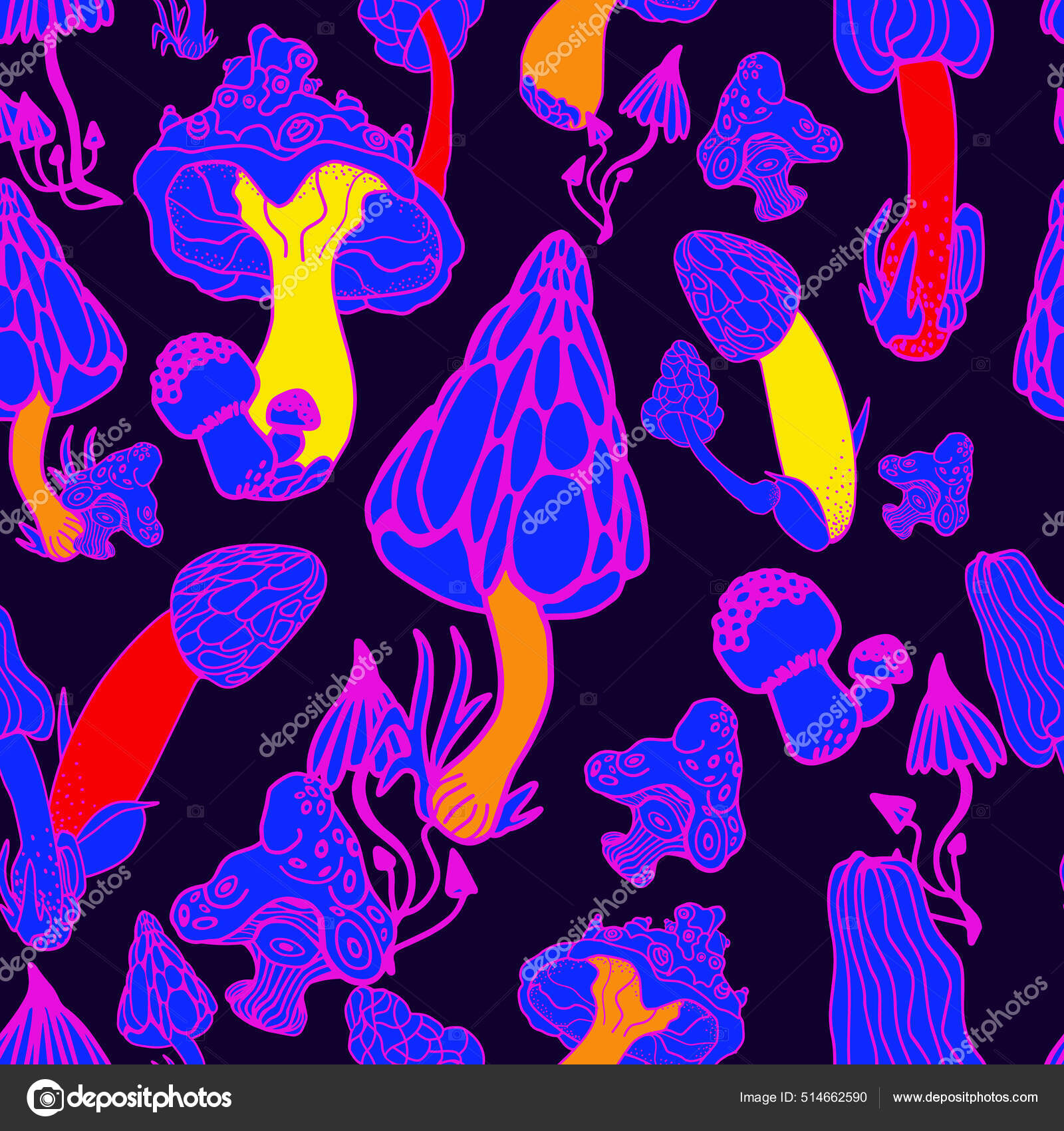 Mushrooms Hand Drawn Different Shape Stylized Magic Psychedelic ...