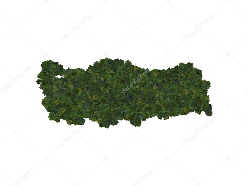 Top view of a forest of trees forming the map of Turkey. Top view ...