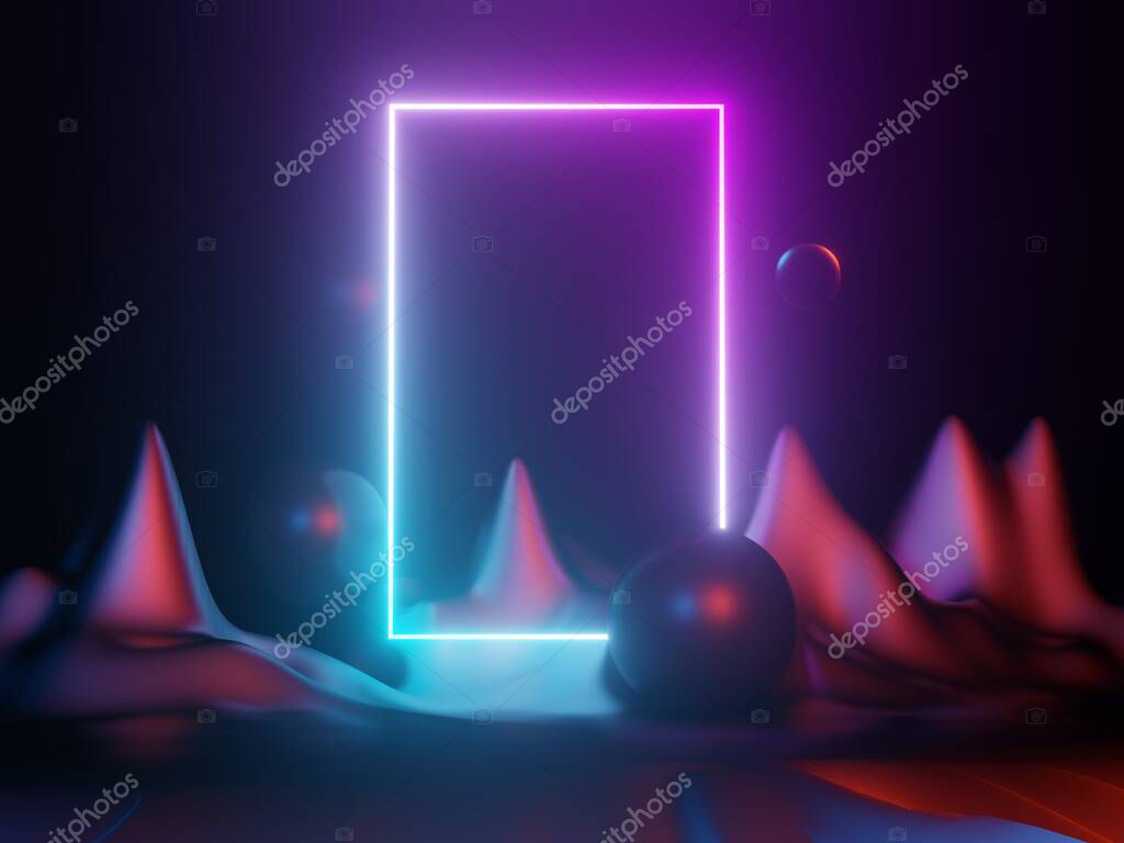3D renderizado de luz de neón RGB sobre fondo oscuro. Las líneas láser ...