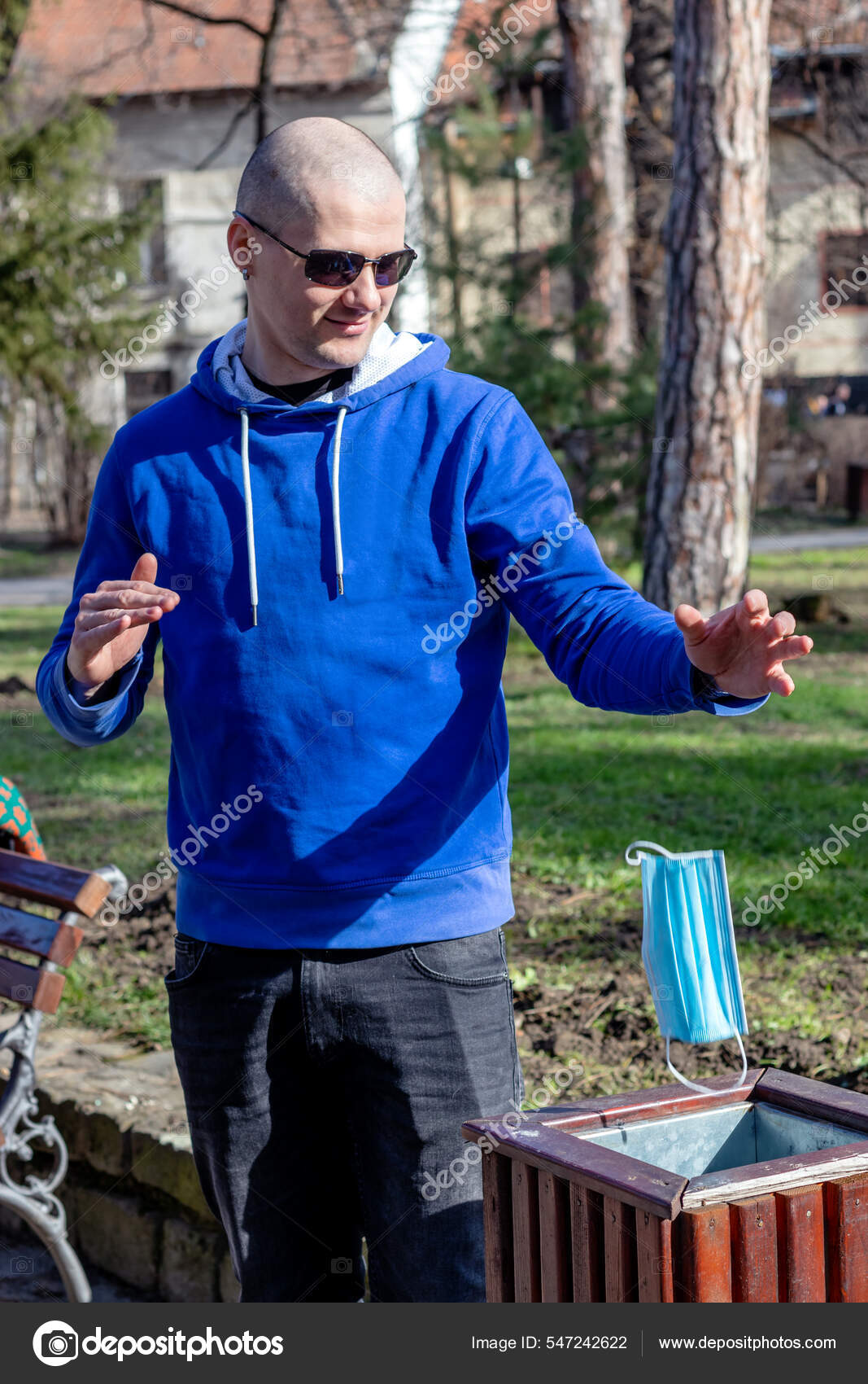 Young Man Park Throwing Away Protective Face Mask Trash Bin — Stock ...