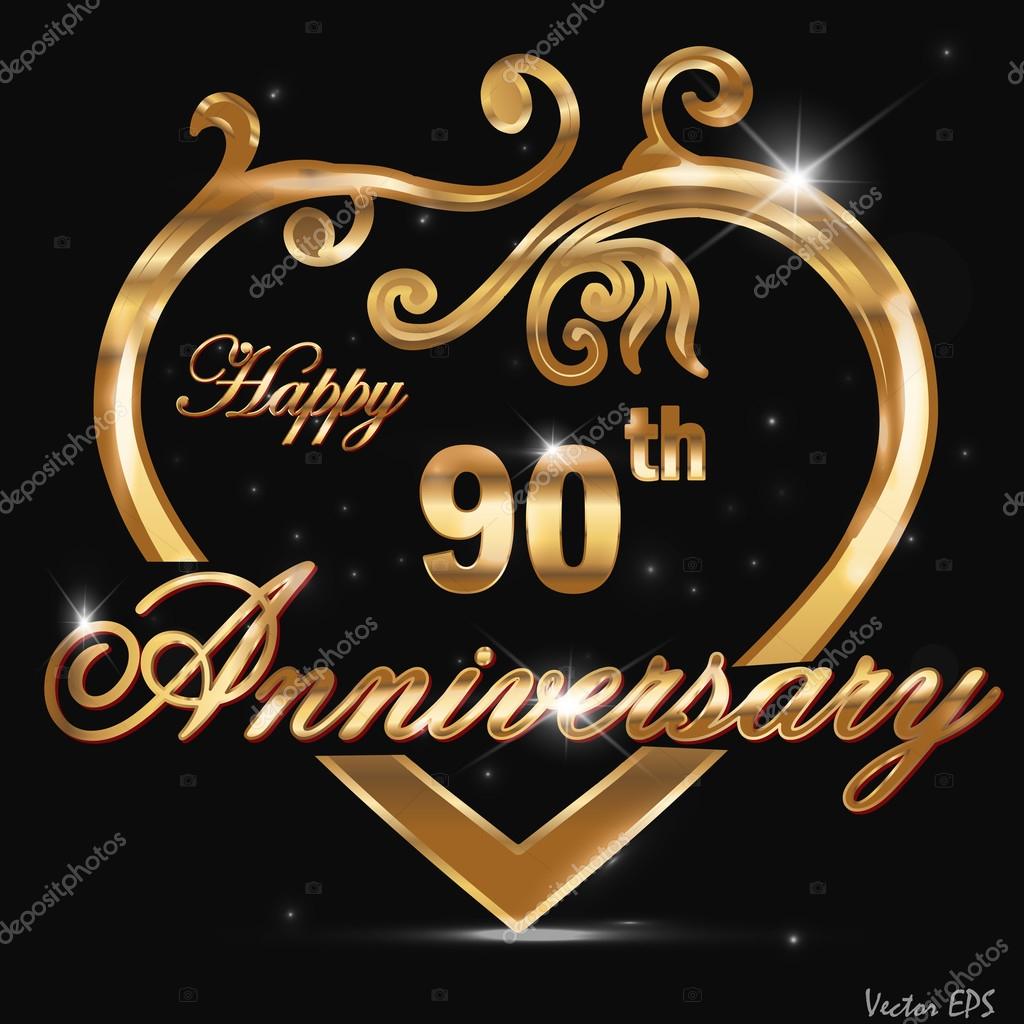 90 year anniversary golden heart design card — Stock Vector ...