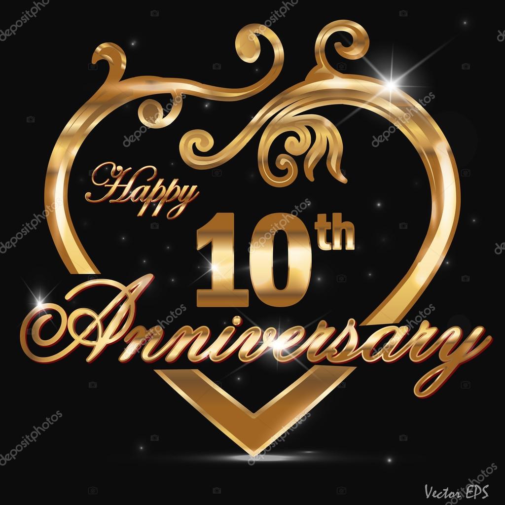 10 year anniversary golden heart design card — Stock Vector ...
