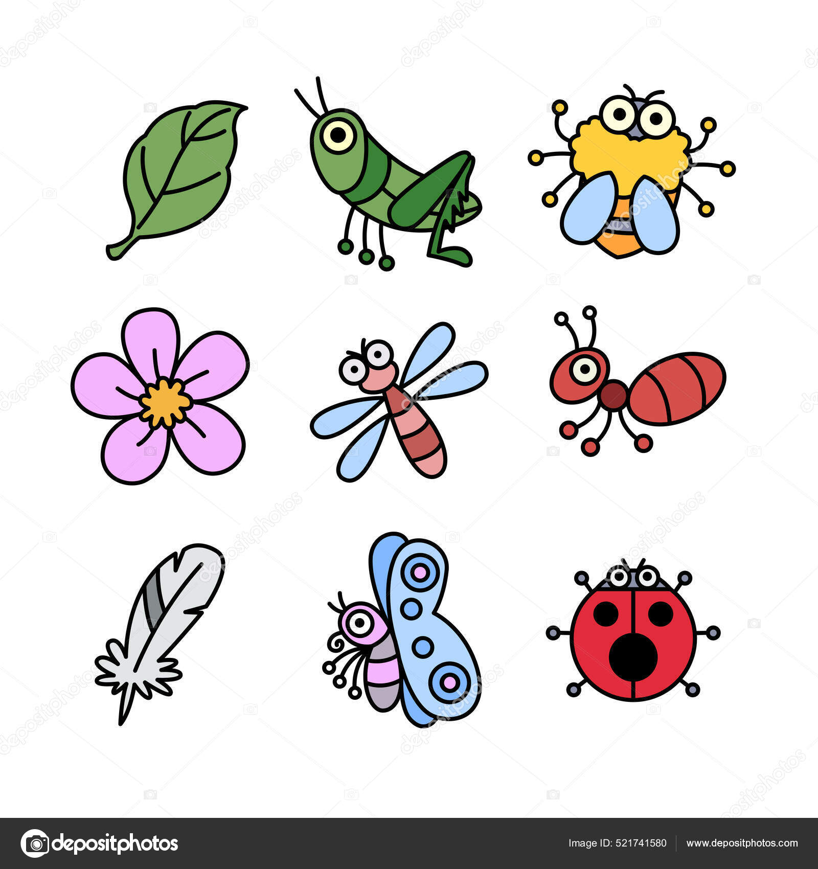 Cartoon Insects Leaves Flowers White Background Stock Vector by ...